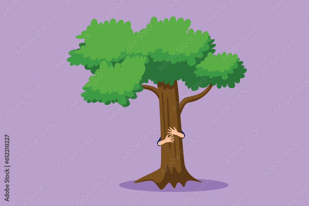 Cartoon flat style drawing man hugging tree in park logo, icon, label ...