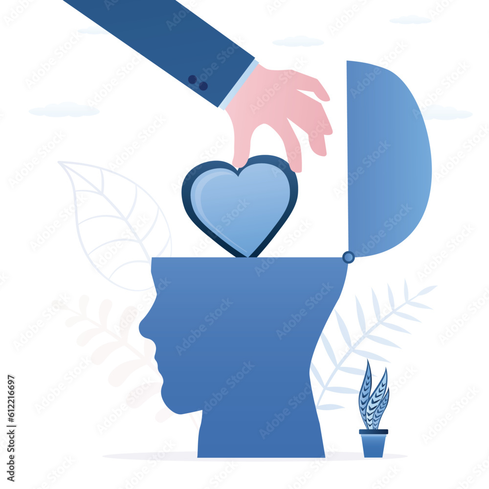 Psychologist putting big heart shape into human brain. Person learns ...