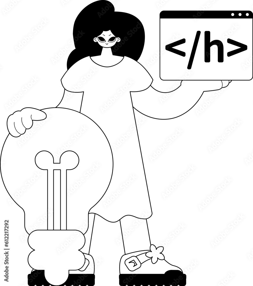 Girl with big light up bulb and window with program icon . Black and ...