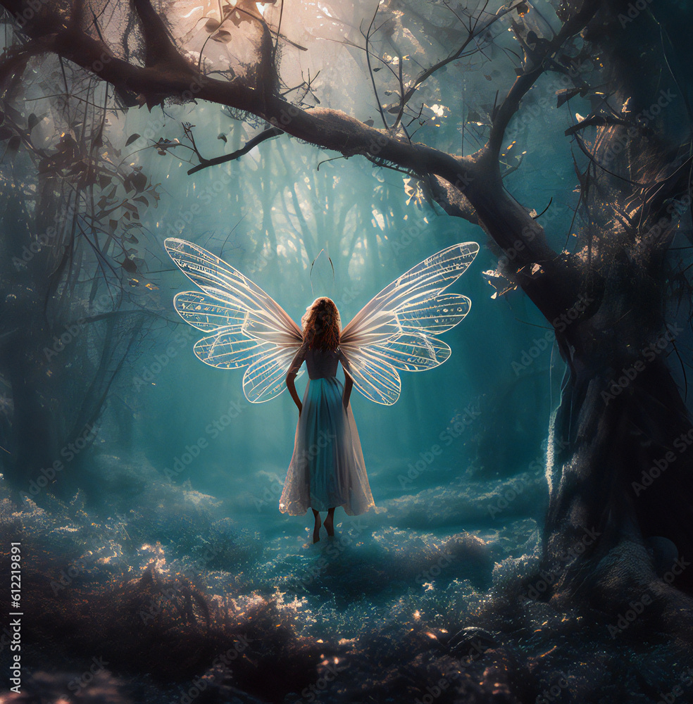 Fairy with wings in an enchanted magical forest,ai generated Stock ...