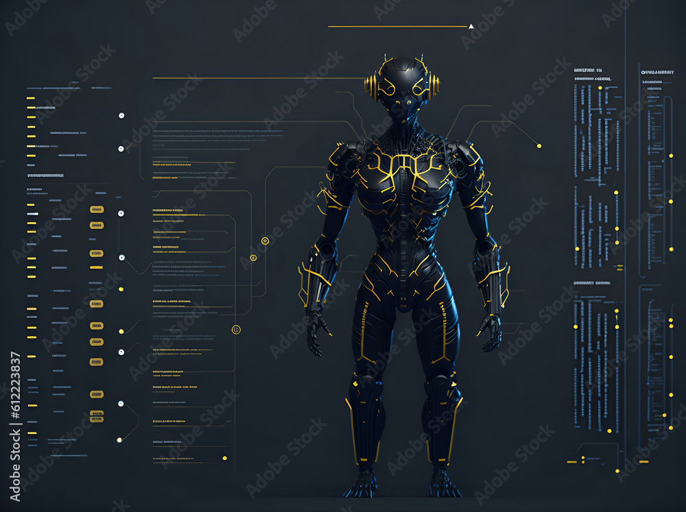 Figure of robot made of metal and electronic systems. Cyborg robot on ...
