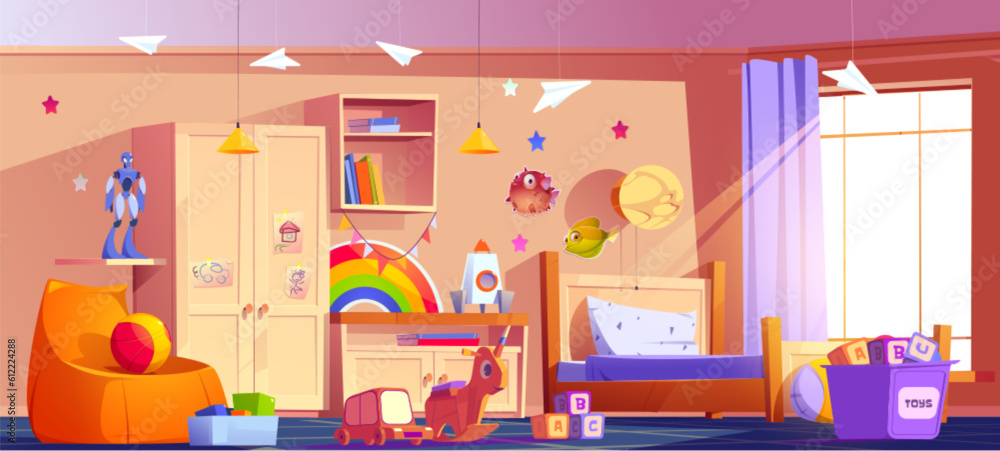 Kid bedroom interior with bed for boy child cartoon vector. Indoor home ...