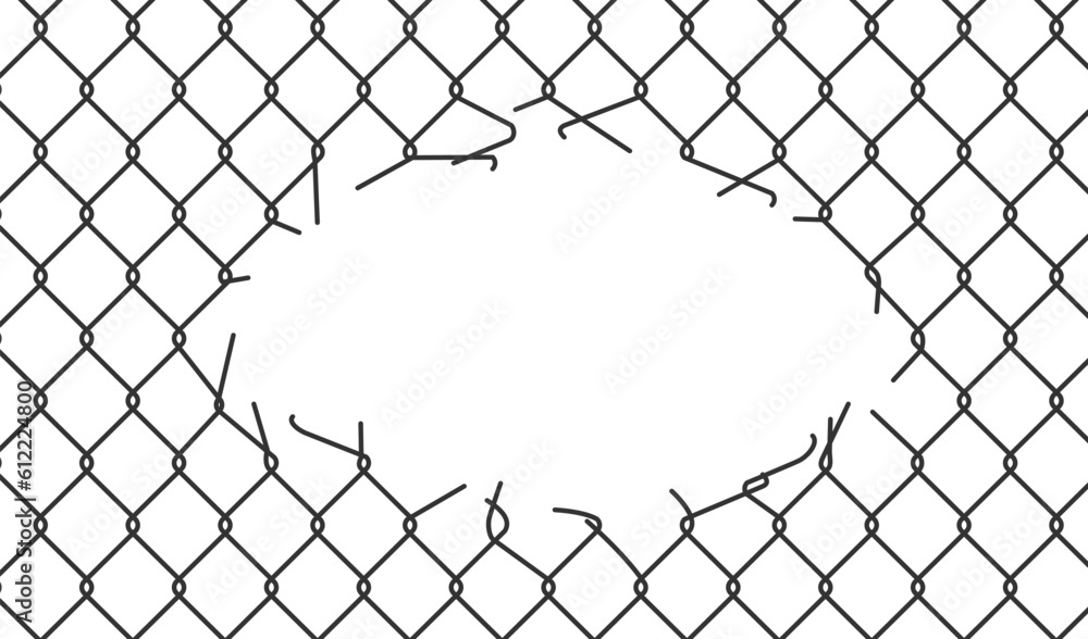Broken wire mesh fence. Rabitz or chain link fence with cut hole. Torn ...