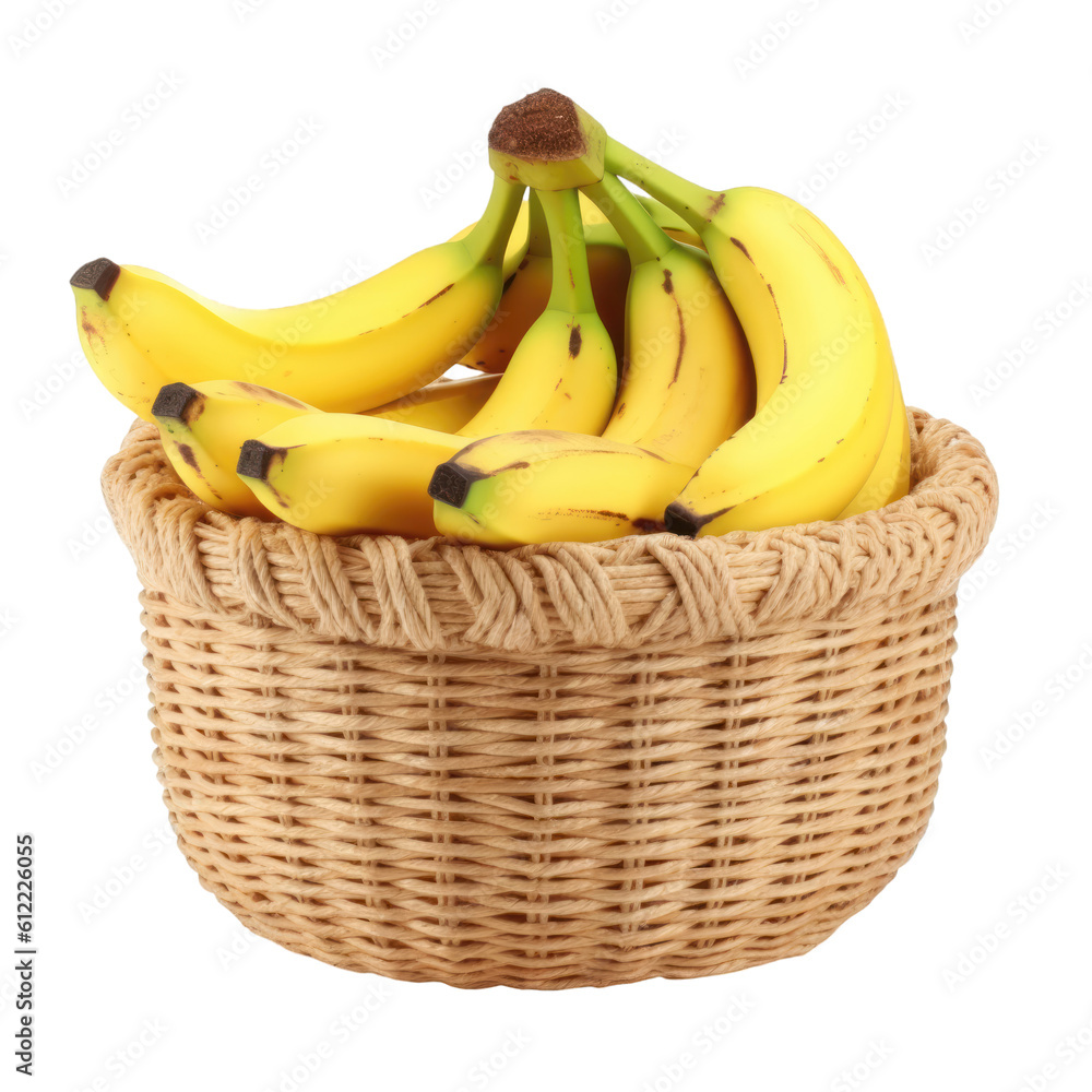 Wicker basket full of delicious ripe and sweet bananas isolated on ...