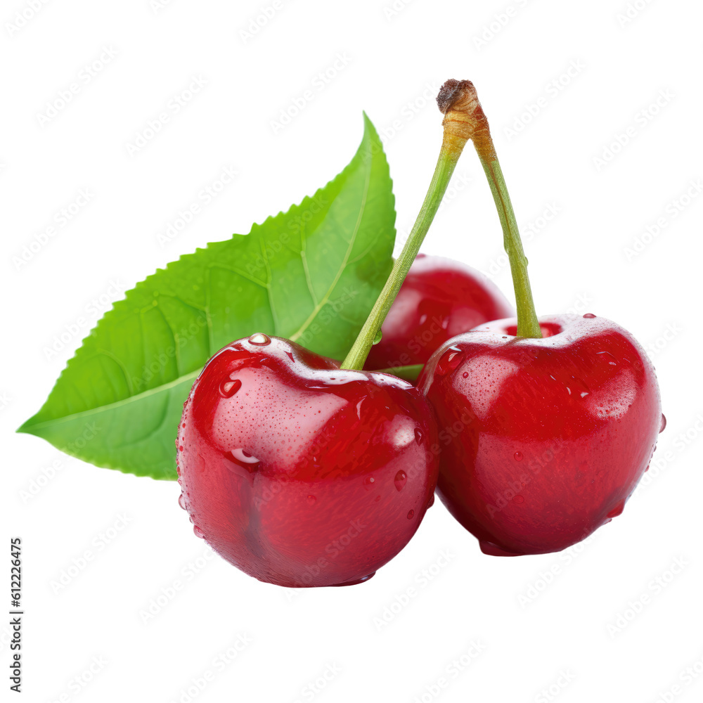 Delicious cherries with green leaf isolated on transparent background ...