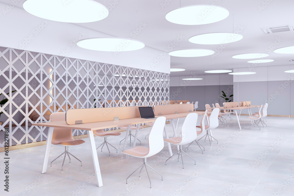 Perspective view of open space office coworking interior with ...