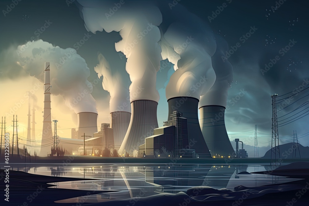 Cooling towers of nuclear power plant in the evening illustration ...