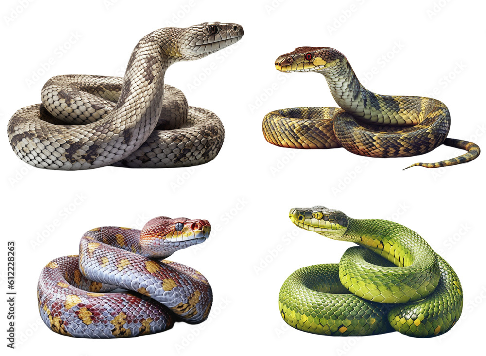 different types of snakes in different colors, on a transparent ...