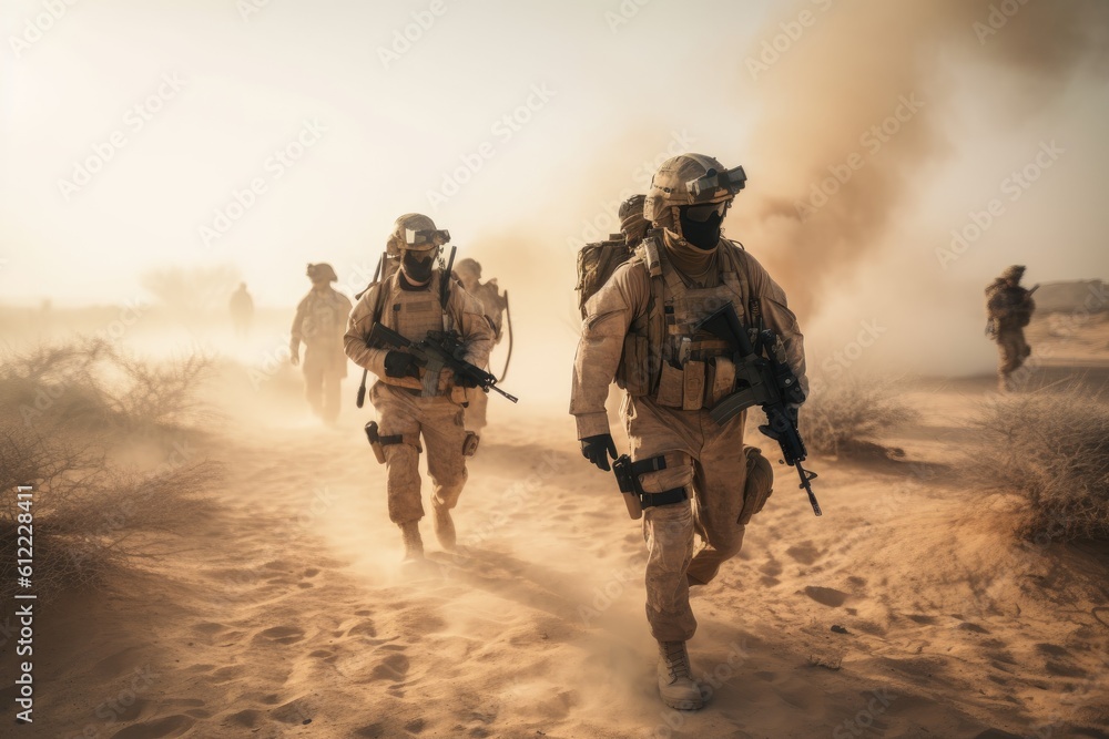 United States Navy Special forces soldiers in action during a desert ...