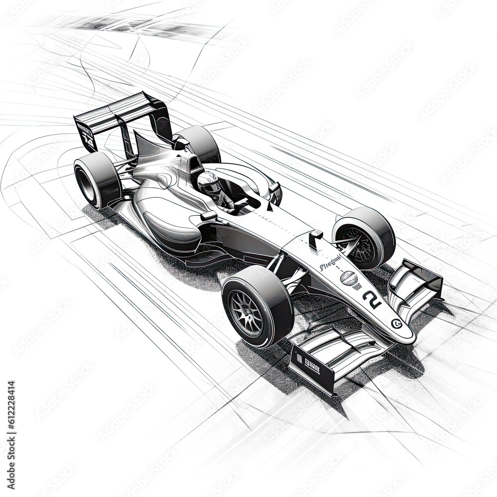 illustration of a formula race car in black and white background. Sport ...