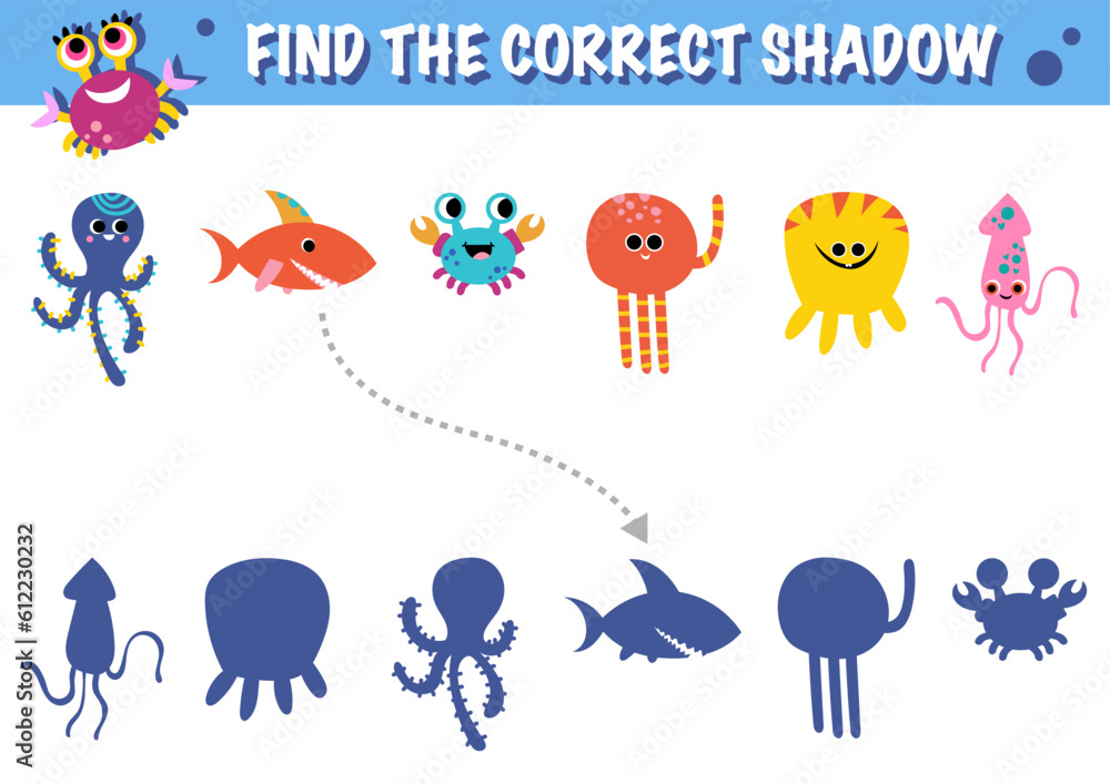 Underwater letter find the correct shadow matching exercise game vector ...