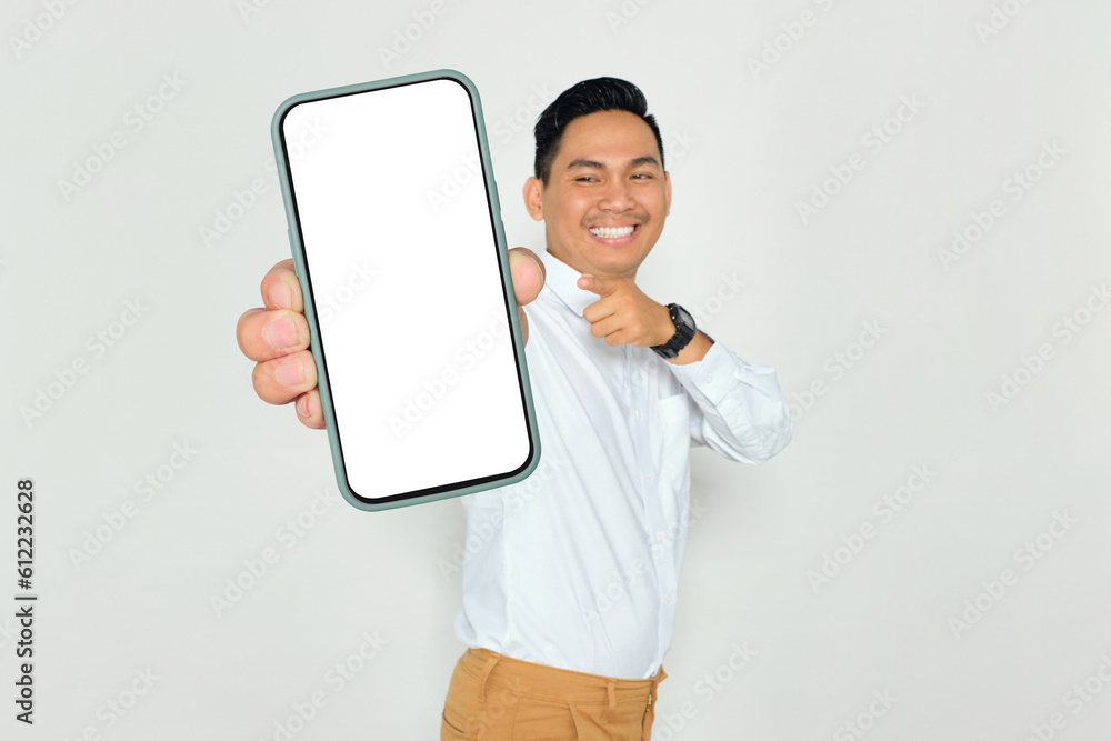 Mockup, Mobile Application concept. Happy young Asian man in formal ...