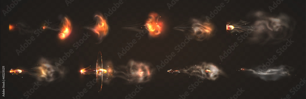 Realistic 3d flying bullets with smoke trace. Gun flashes with fire ...