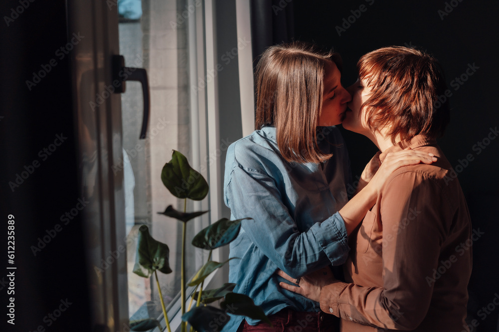 Affectionate lesbian couple kissing each other at home Stock Photo ...