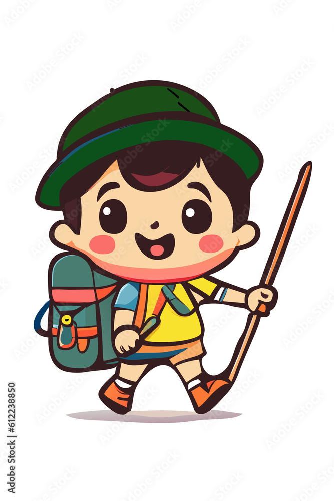 Cartoon kids hiking with stick wearing explorer outfit Stock ...