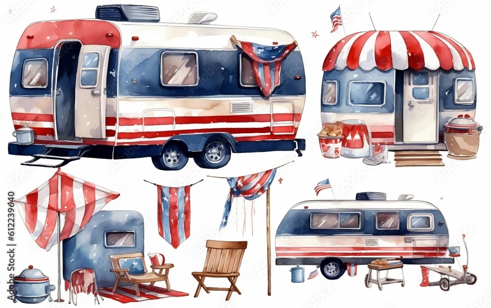Watercolor Illustration of a Camper for 4th of July Clipart. Generative ...