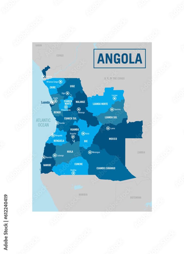 Angola country political map.Africa. Detailed vector illustration with ...