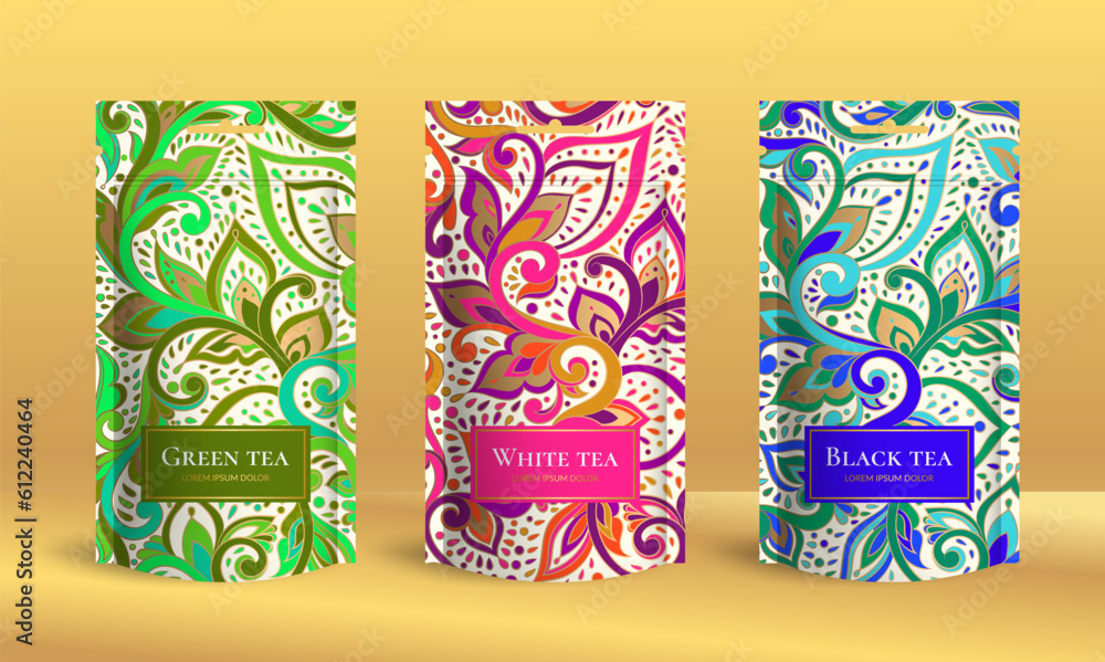 Tea packaging design with zip pouch bag mockup. Vector ornament ...