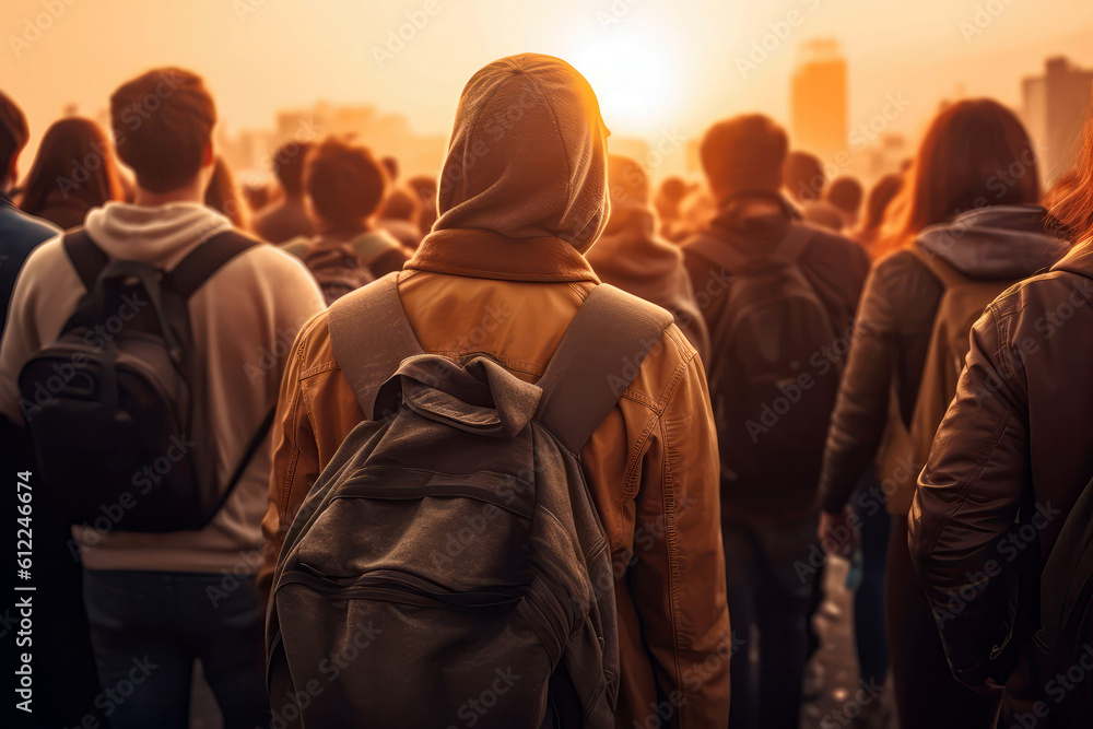 Poster Crowd Of Protesters, Back View, Sunset, Closeup. Generative AI ...