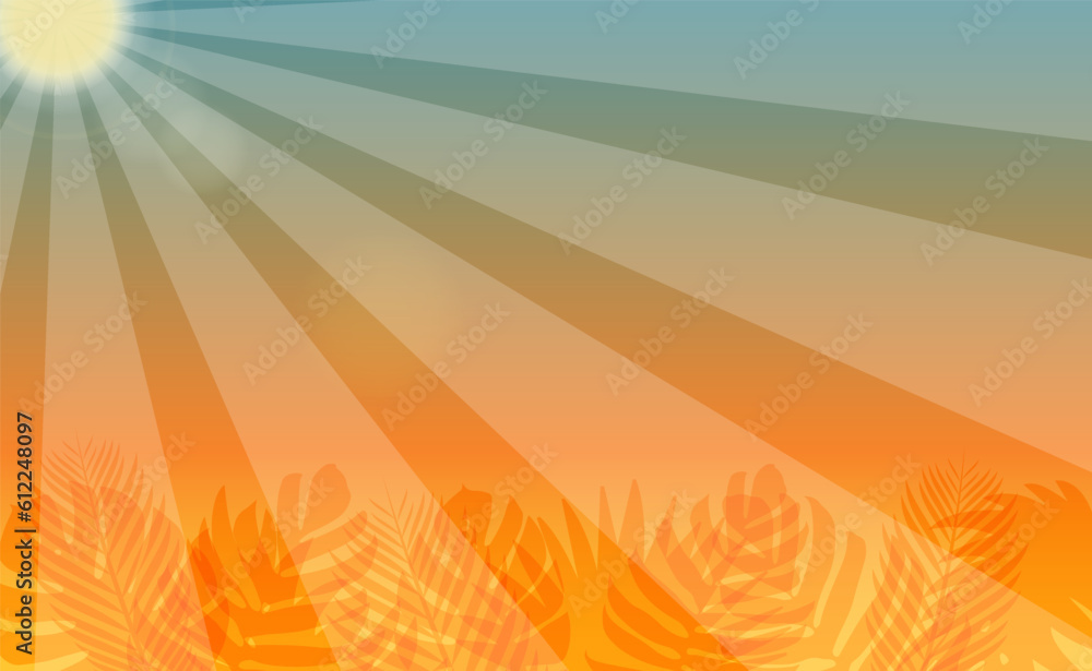 Vector horizontal summer background with sunbeams and tropical leaves ...