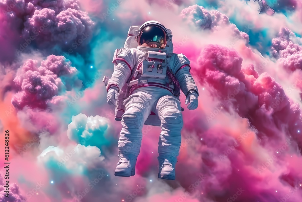 Space illustration of man in space suit inside softly glowing pink and ...