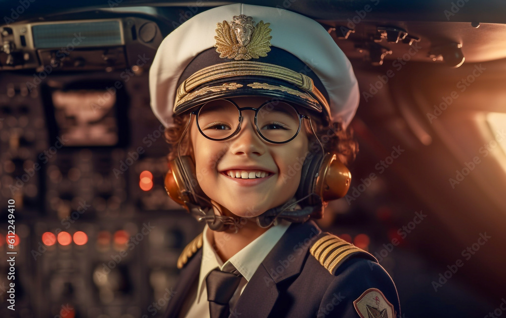 Happy and joyful looking kid dressed as an airplane pilot in the ...