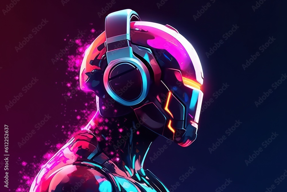 Synthwave Futuristic Cyberpunk Cyborg with Headset, Bright neon colours ...