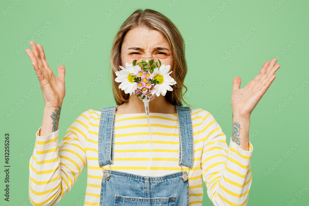 Sick ill allergic woman has red watery eyes oxygen face mask with ...