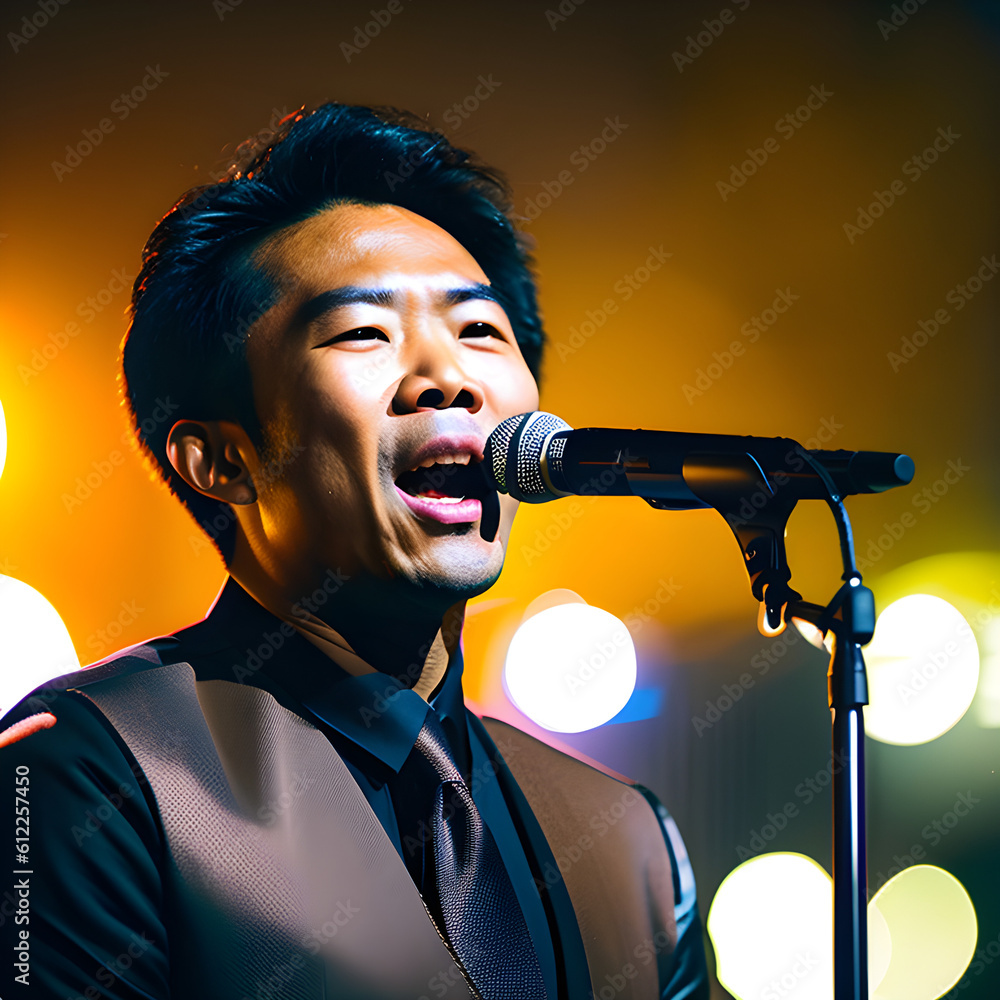 Handsome Asian man singing into a microphone. (AI-generated fictional ...