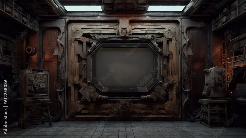 Dark sci-fi dieselpunk space station corridor interior with hangar door ...