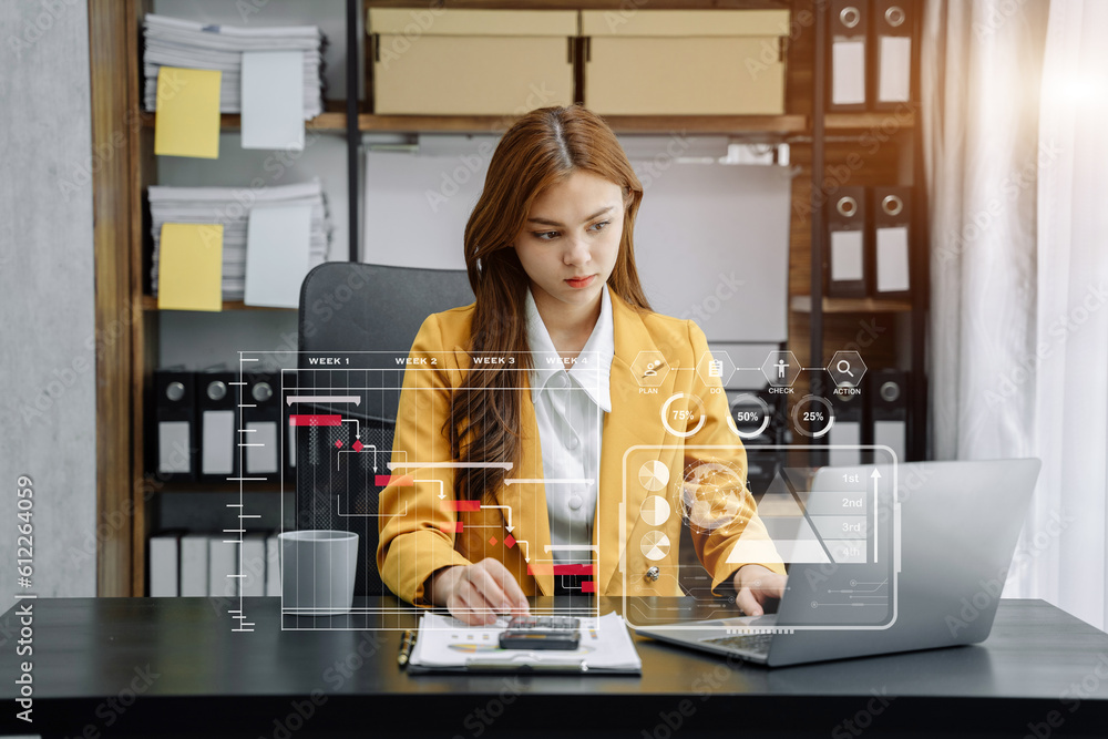 Business woman hand Project manager working and update tasks and Gantt ...