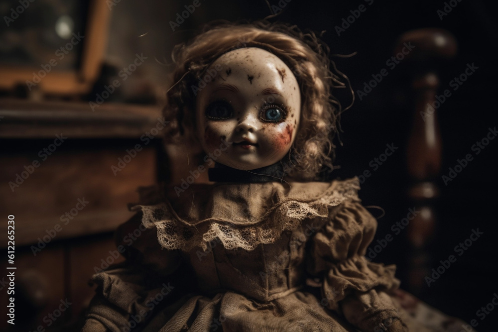 Cursed creepy doll, macro, closeup, Generative AI Stock Illustration ...
