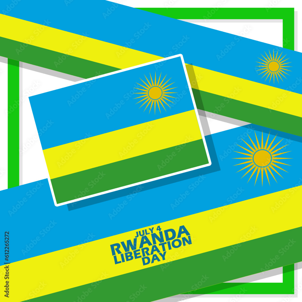 Rwanda flag with ribbons and bold text in frame on white background to ...