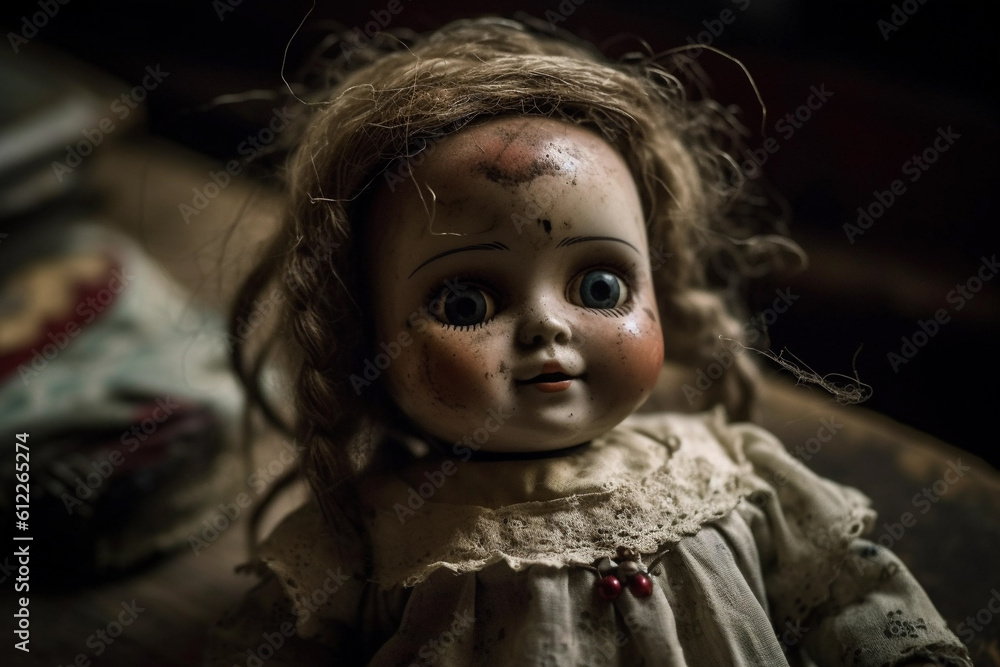 Cursed creepy doll, macro, closeup, Generative AI Stock Illustration ...