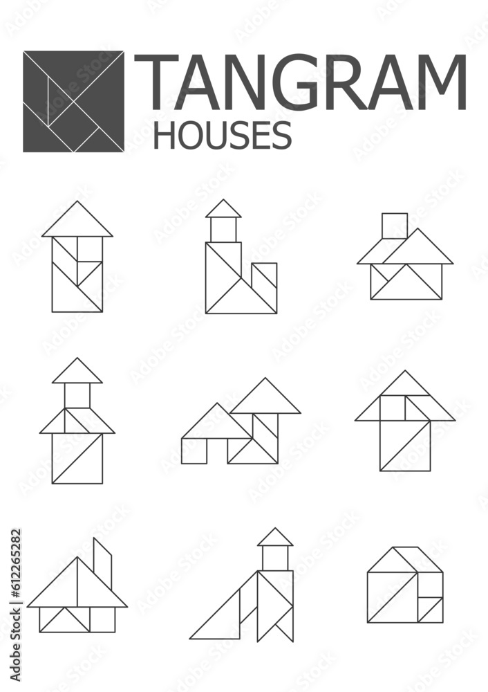 Houses Set tangram Linear illustration on a white background. isolated ...