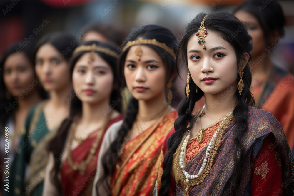 Group of Asian girls in traditional attire attending a cultural ...