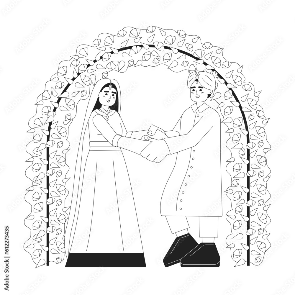 Hindu wedding monochrome concept vector spot illustration. Indian groom ...