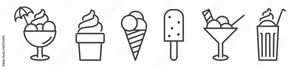 Poster Set of editable thin line ice cream icons - sundae, cone ...
