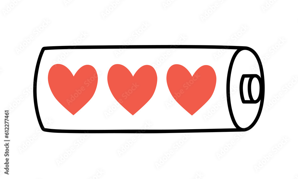 Hand drawn cute outline illustration of battery with heart inside. Flat ...