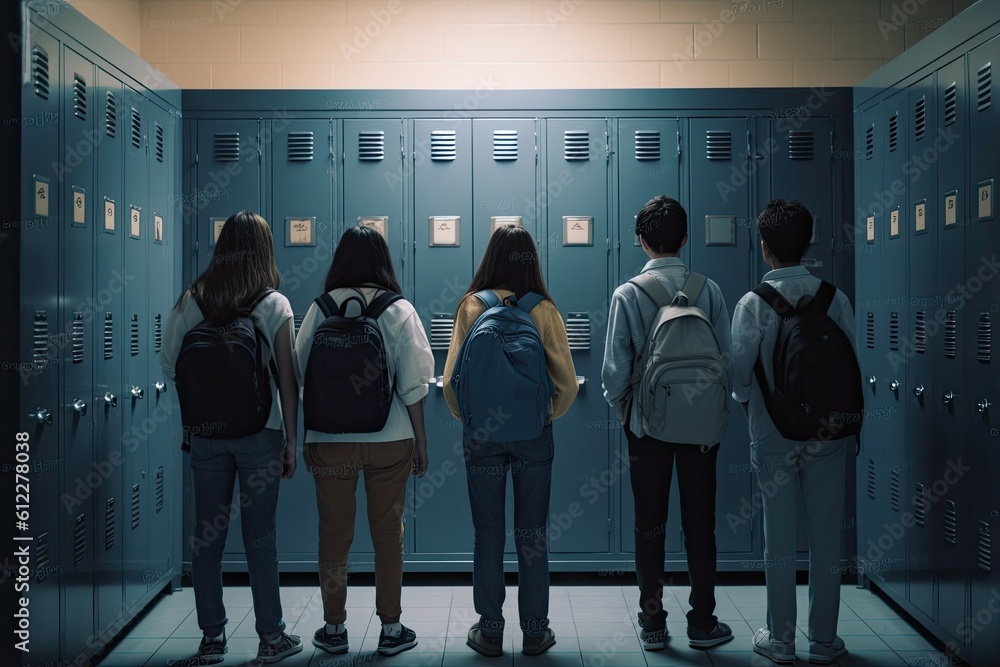 Back view of students standing in a row in locker room at school ...
