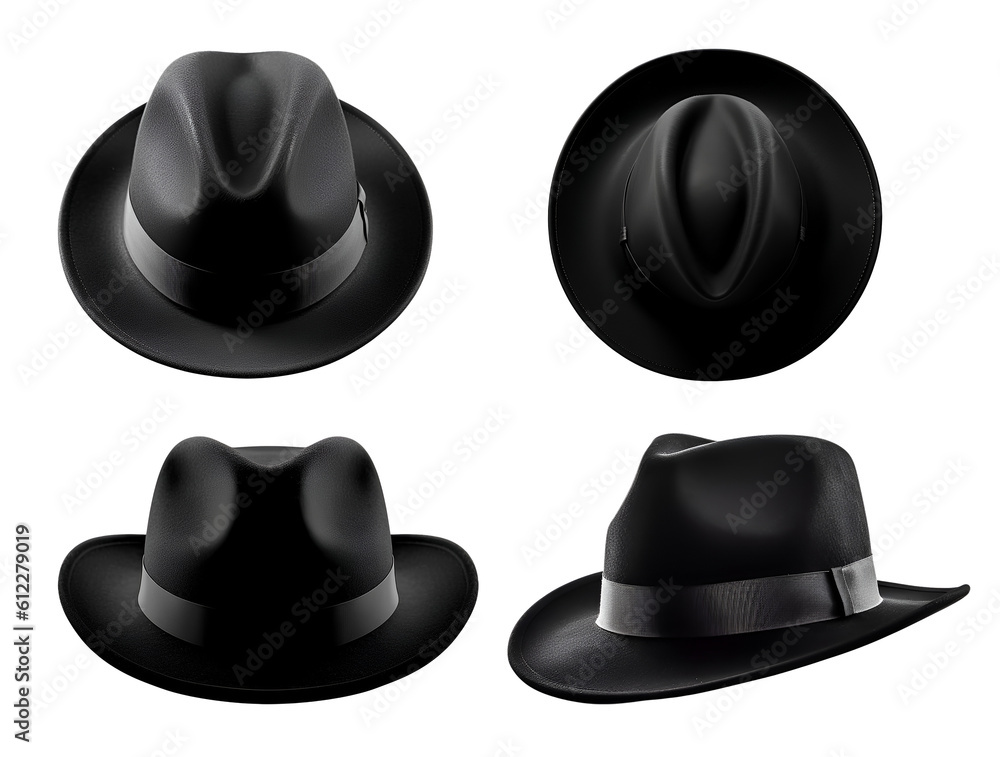 Set of front, top and side view black top felt velvet hat on ...