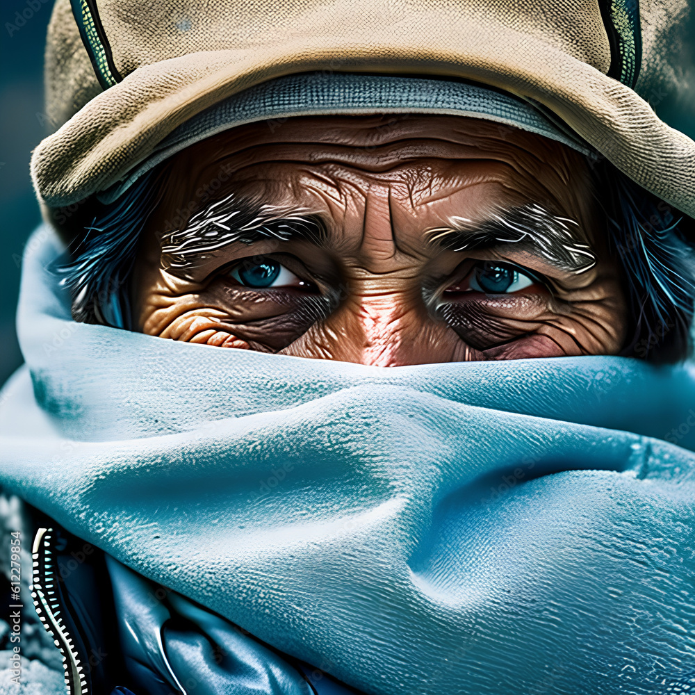 The wrinkled face of an elderly man who lives in the mountains ...