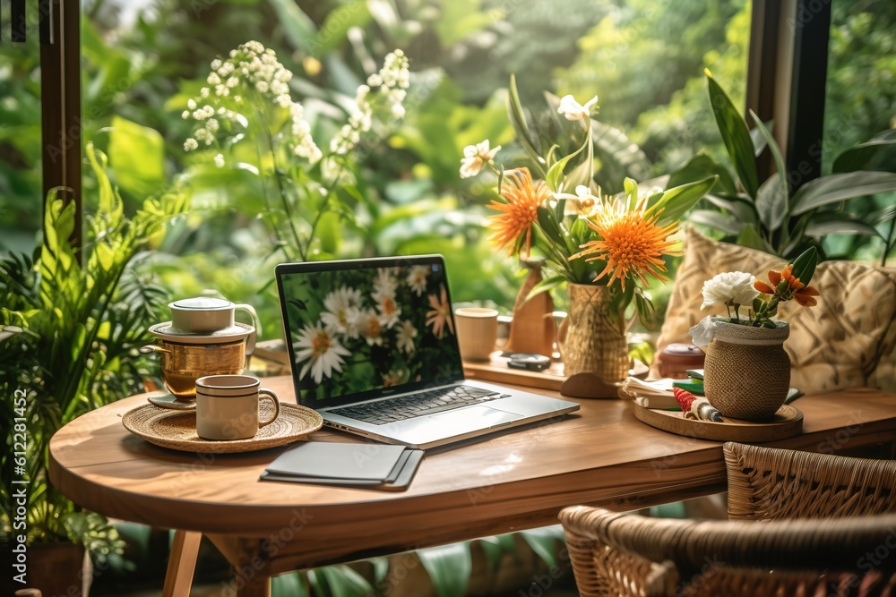 A summer work - from - home setup on a porch, with a laptop, coffee ...