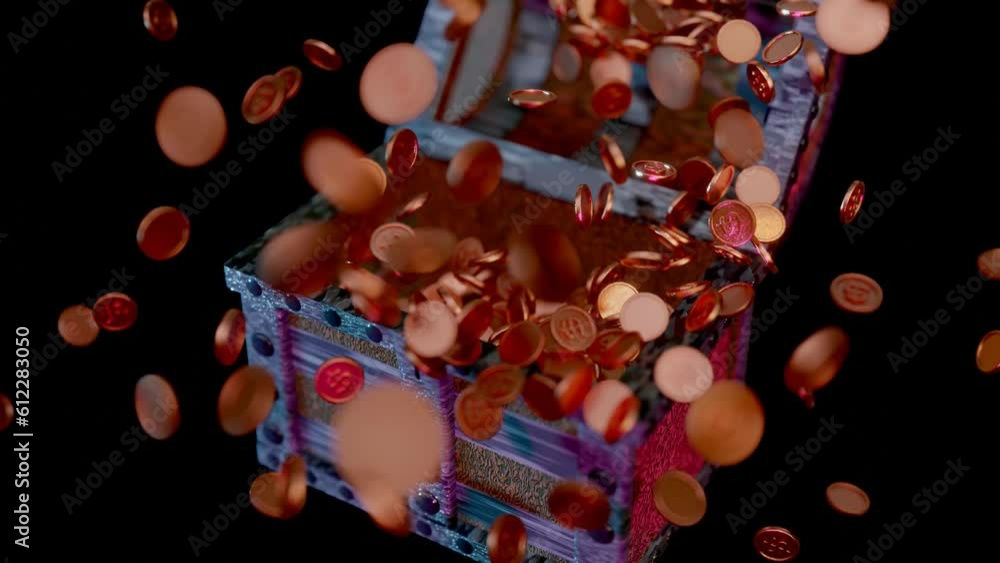 exploded copper coin, Vintage old treasure chest opened and many copper ...