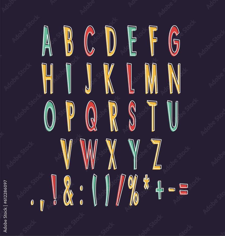 Amusing black alphabet set for dark theme. Vector decorative typography ...