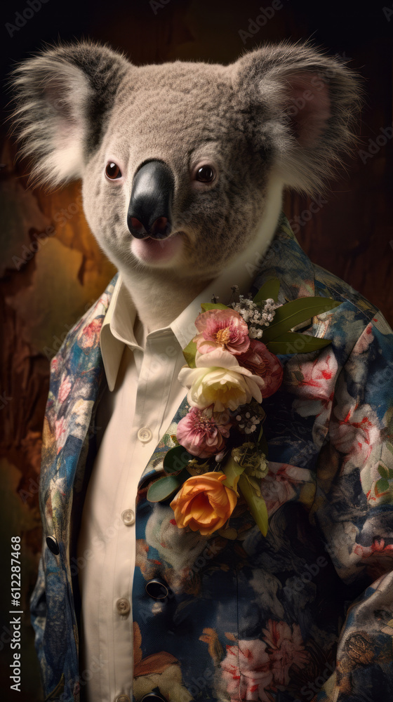 Koala dressed in a casual floral suit. Fashion portrait of an ...