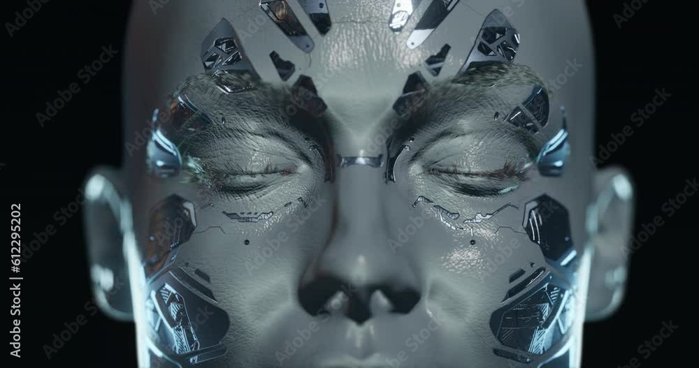 Conceptual AI and Machine learning, hybrid human and Robot opening eyes ...