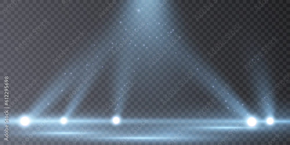 Bright blue lighting with spotlights. Stage lighting effects on a dark ...