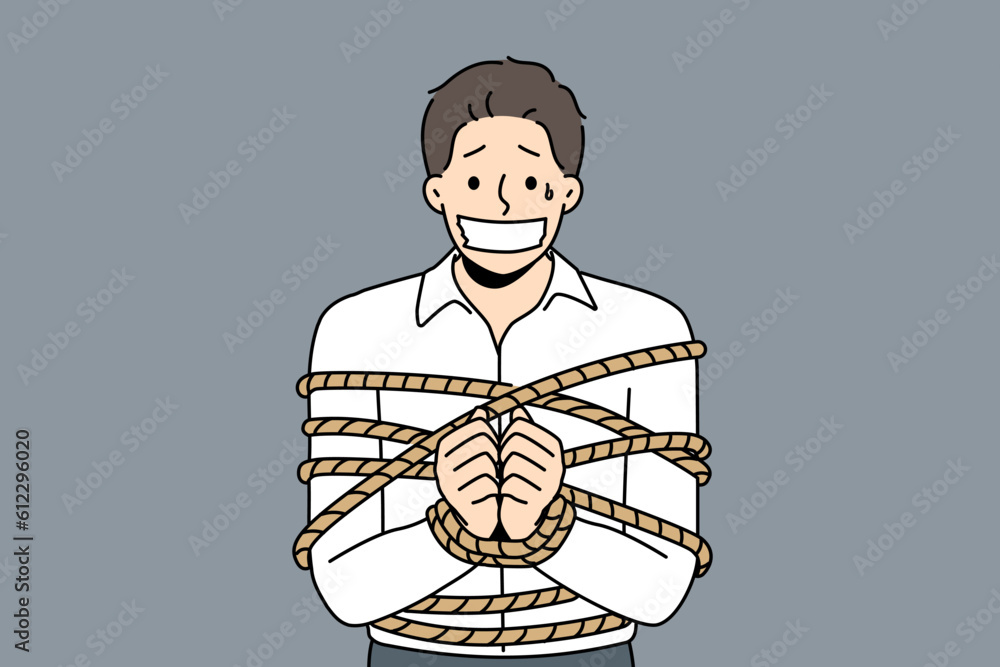 Businessman tied in ropes with sealed mouth. Scared male employee as ...