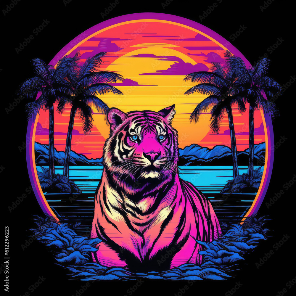 Tiger artwork with neon vibes and sunset backdrop Vaporwave-inspired ...